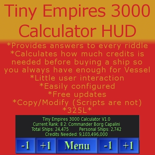 Second Life Marketplace - Tiny Empires 3000 Calculator